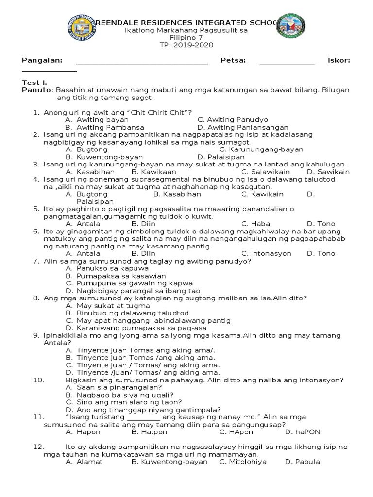 3rd Quarter Exam in Fil 7 (SY. 2019-2020) | PDF