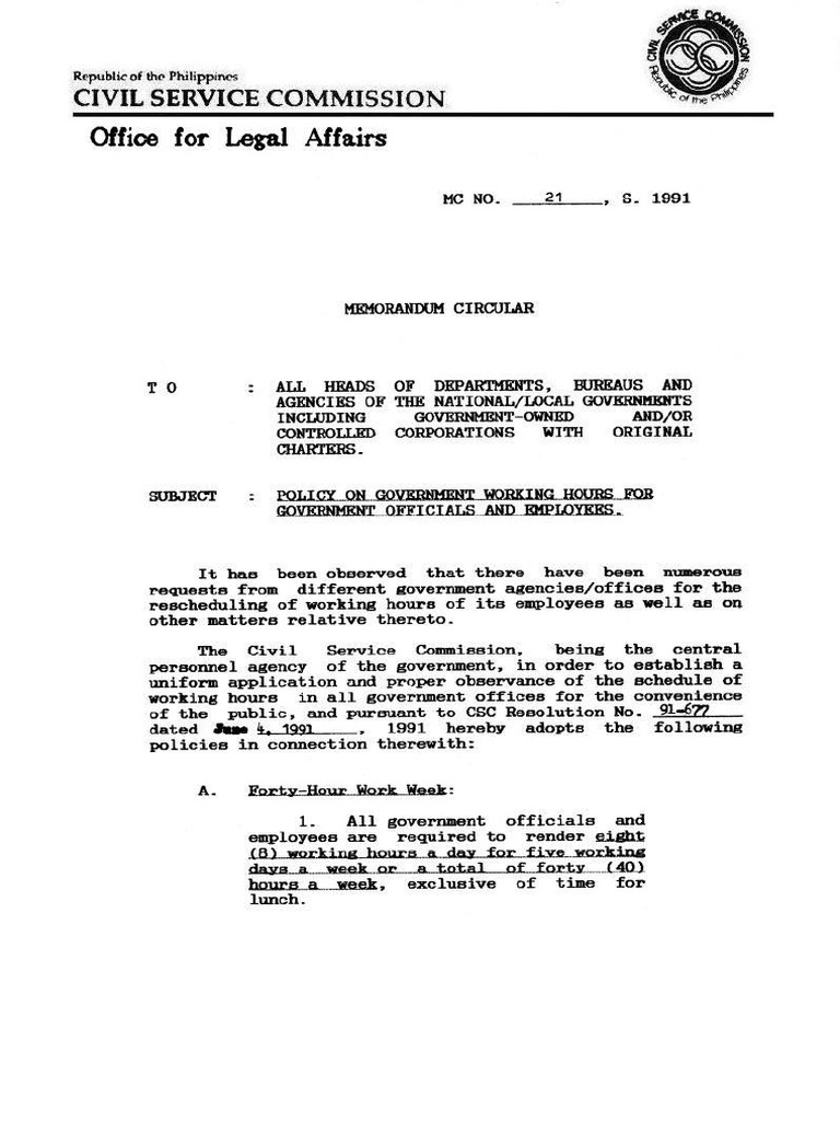 CSC MC No. 21, s-1991 (Policy On Govt Working Hours) PDF | PDF