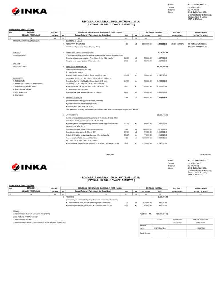 RAB Perbaikan Atap dan Konstruksi | PDF