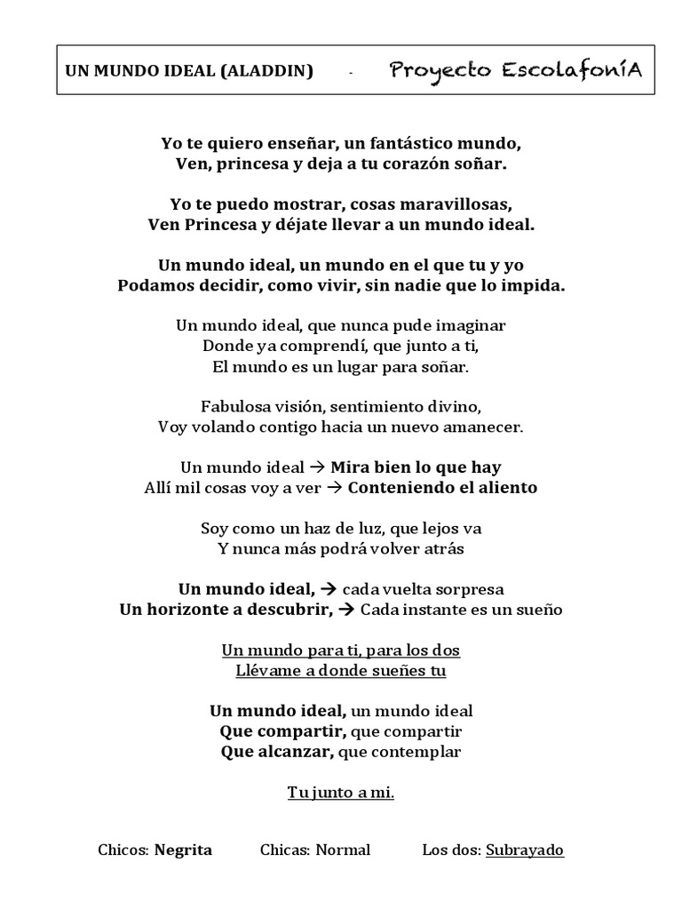 Letra de "Un Mundo Ideal" de Aladdin | PDF