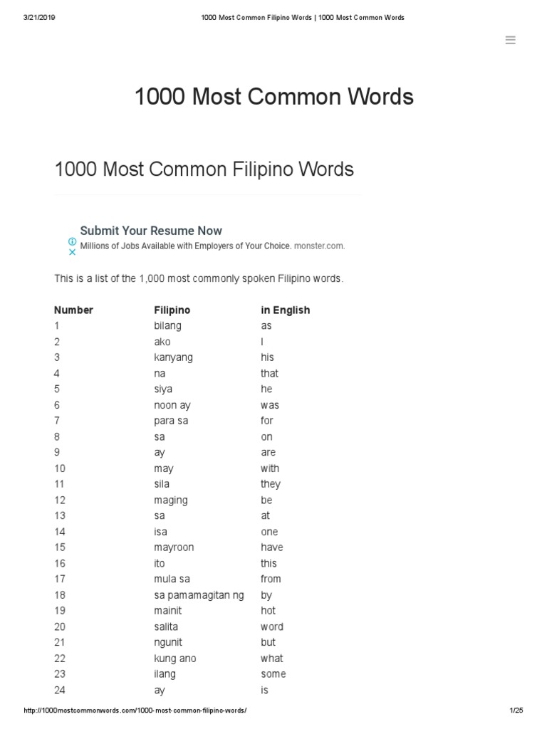 1000 Common Filipino Vocabulary Words | PDF