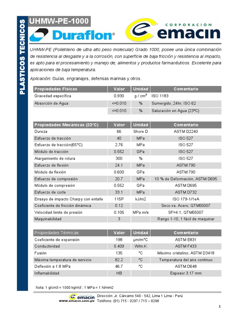 Propiedades Técnicas de UHMW-PE 1000 | PDF