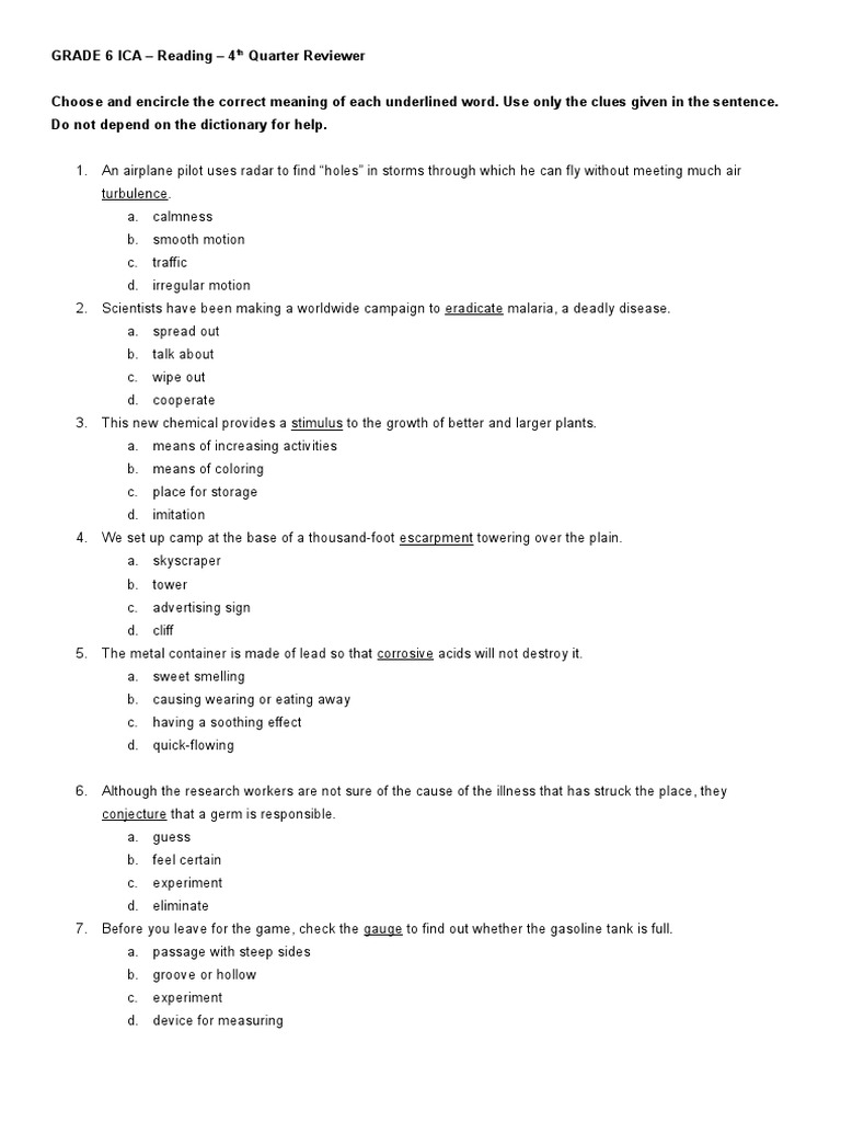 GRADE 6 ICA - Reading - 4th Quarter Reviewer | PDF