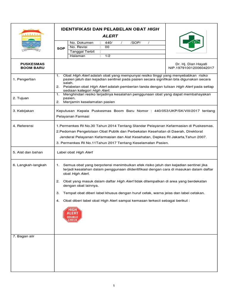 SOP Identifikasi Dan Pelabelan Obat High Alert | PDF