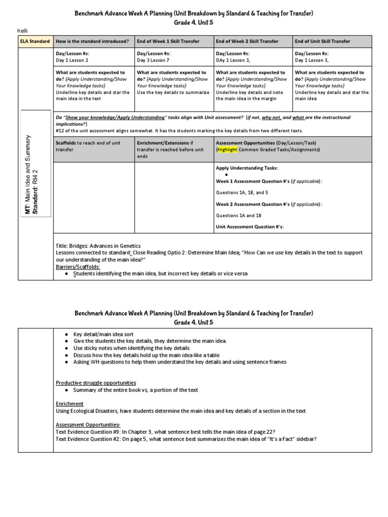 Grade 4 Benchmark Advance Unit 5 Plan | PDF
