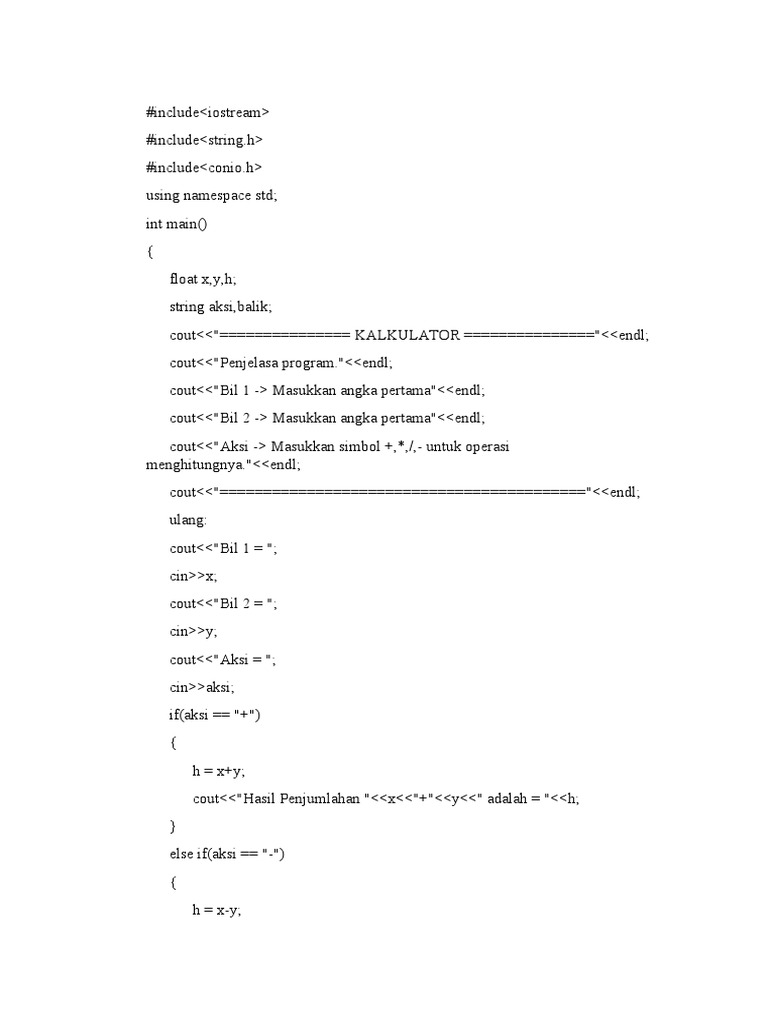 Program Membuat Calculator Dengan Dev C++ | PDF