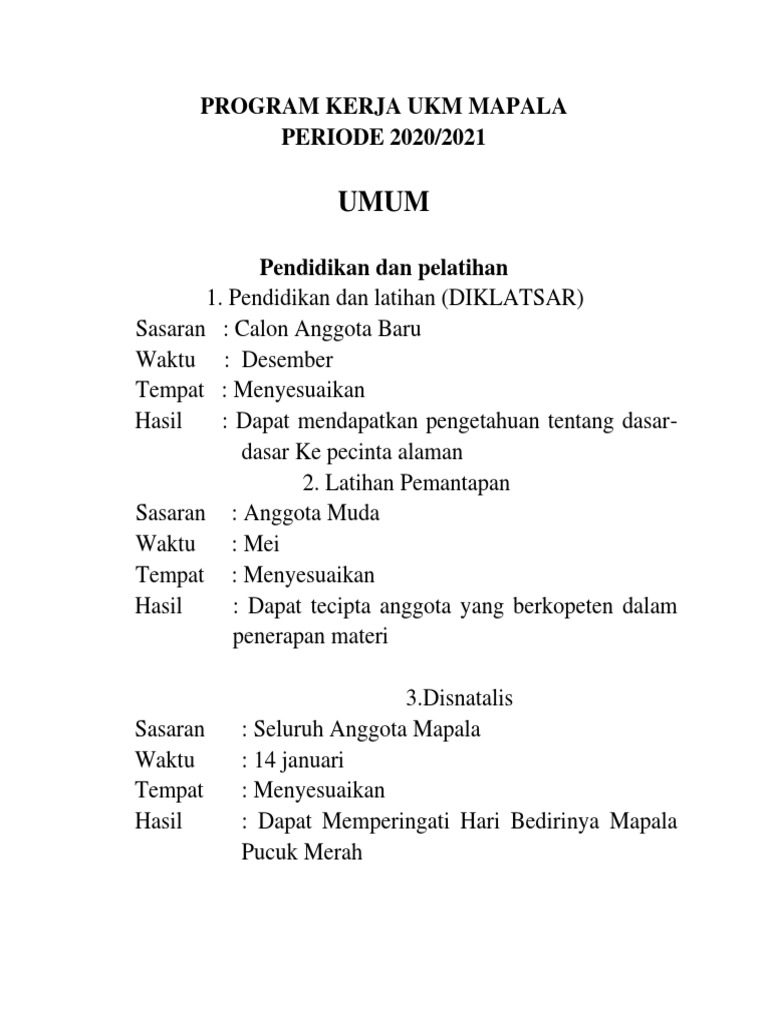 Program Kerja UKM MAPALA 2020/2021 | PDF | Karier & Perkembangan | Seni