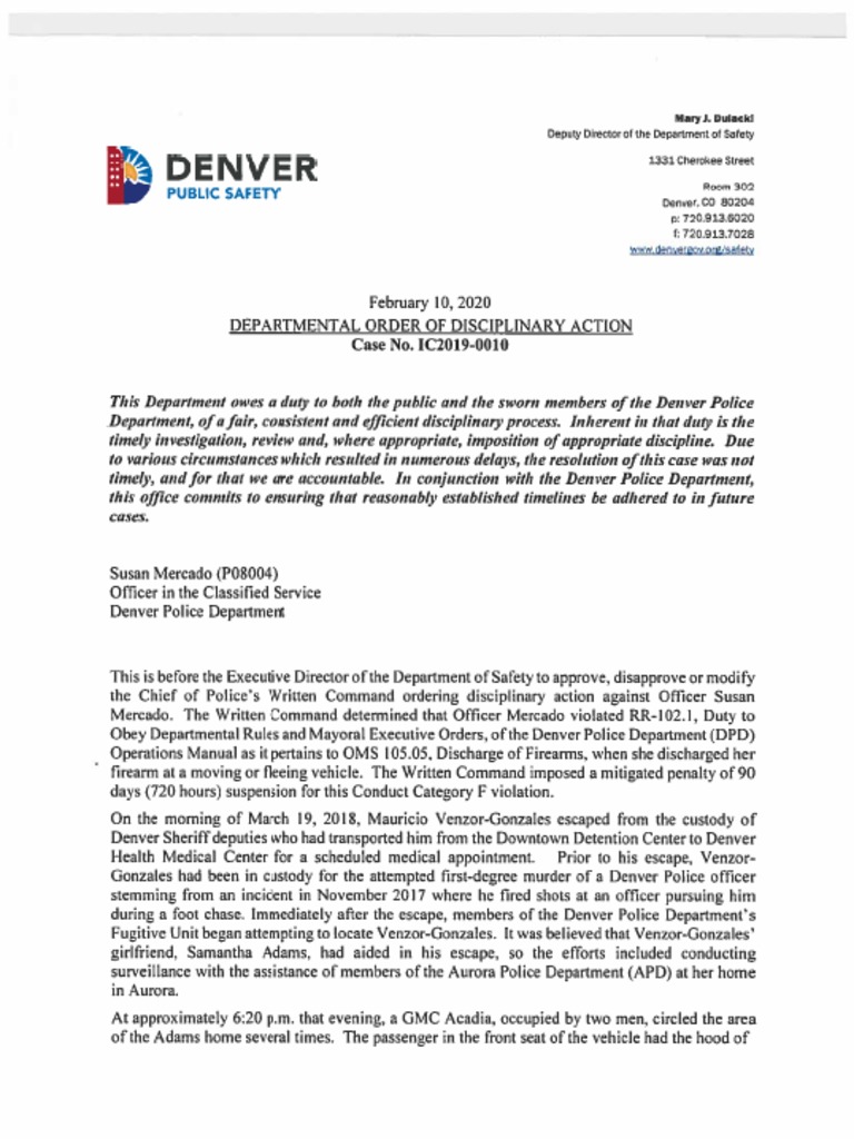 Officer Susan Mercado: Denver Police Department Order of Discipline | PDF