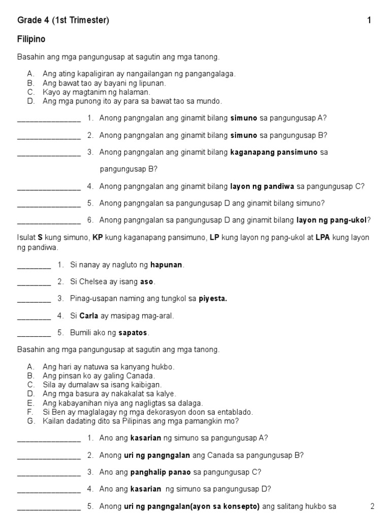 Grade 4 (Filipino - 1st Trimester) | PDF