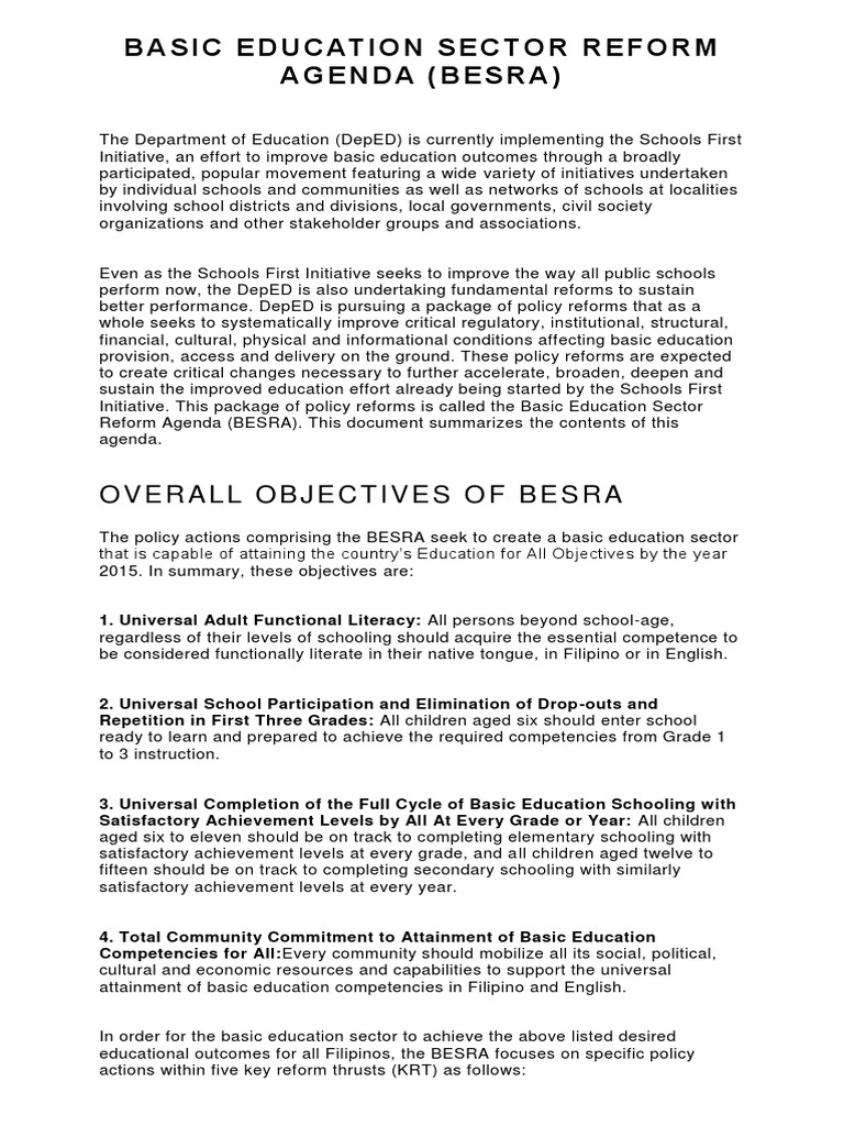 Basic Education Sector Reform Agenda | PDF