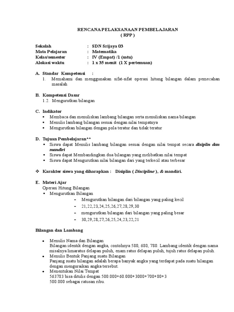 RPP Matematika Kelas IV KTSP Fix | PDF