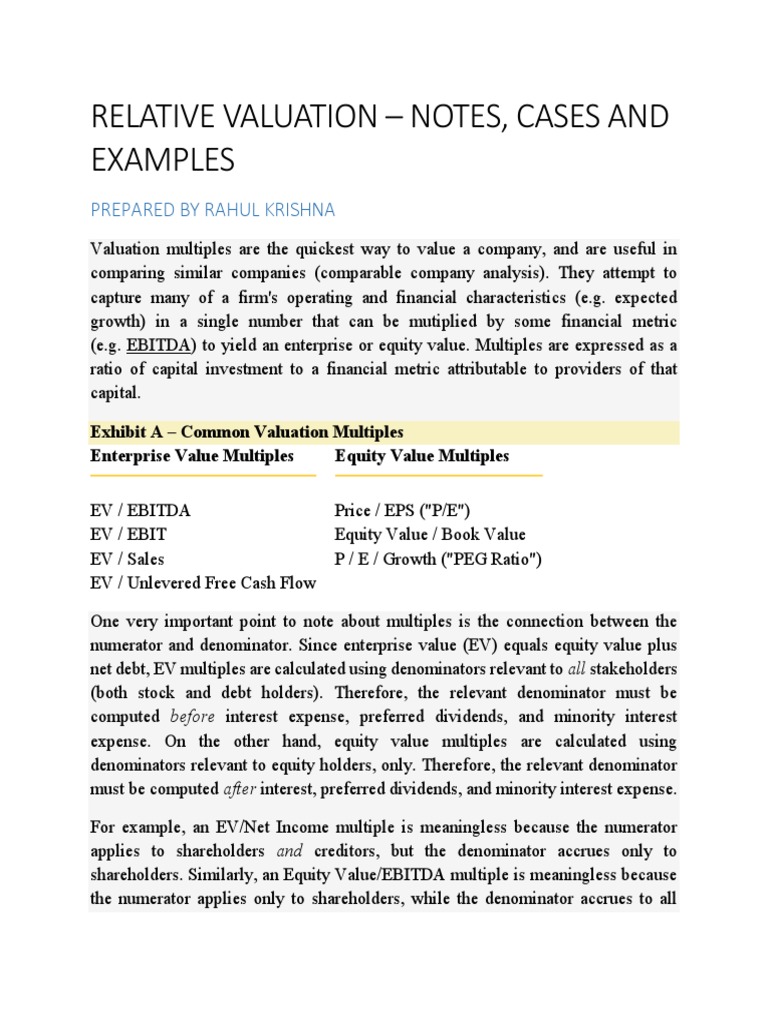 Relative Valuation Notes, Cases and Examples by Rahul Krishna | PDF