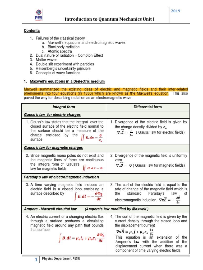 Intro To Quantum Mechanics (Unit 1) | PDF