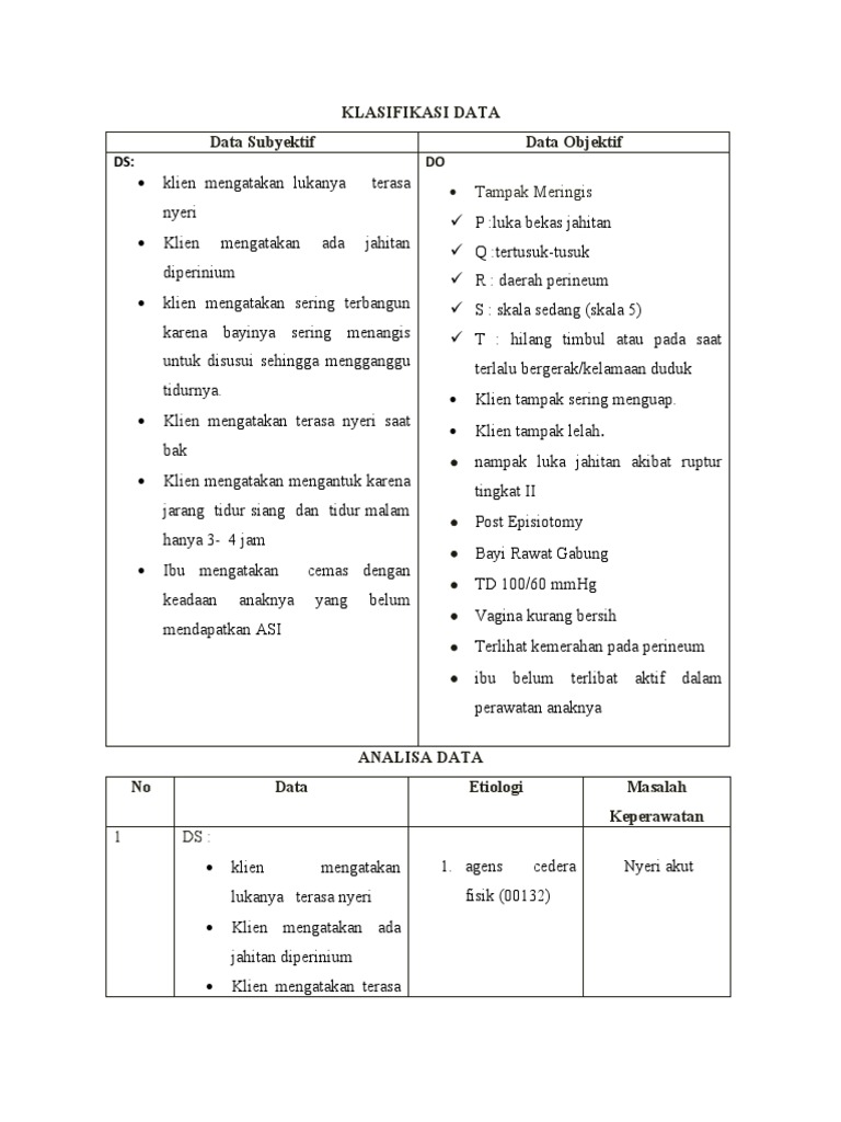 Klasifikasi data subjektif dan objektif pasien post partum | PDF