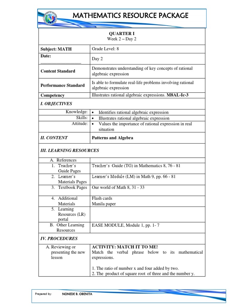 8th Grade Math Lesson on Rational Algebraic Expressions | PDF