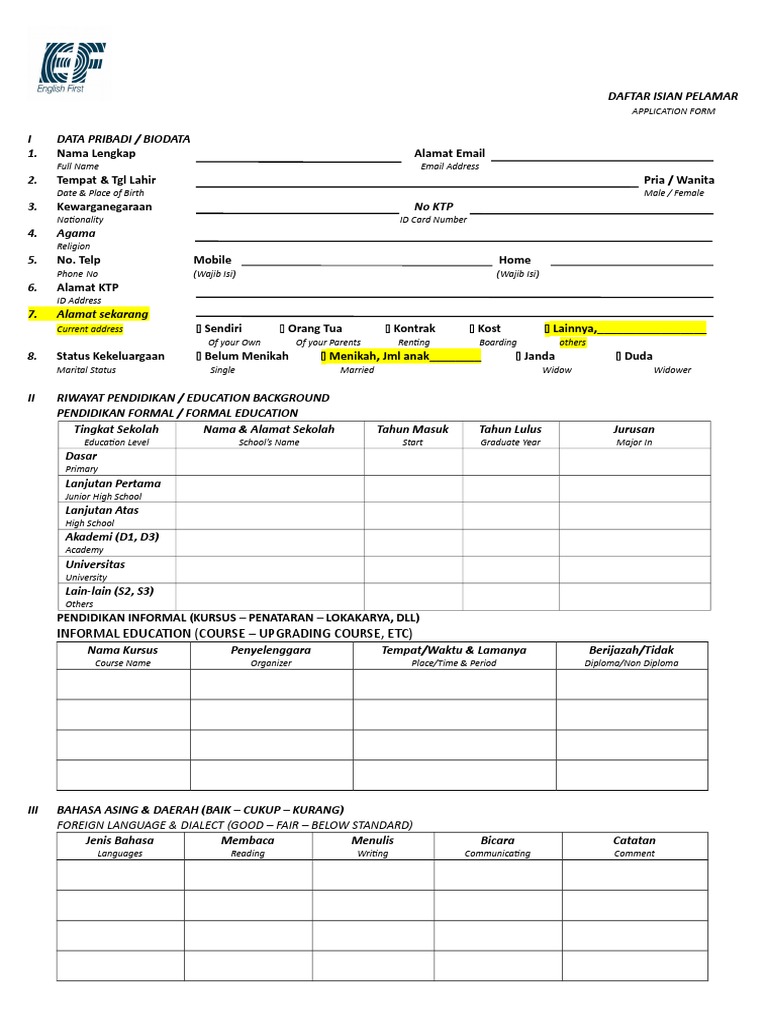 Daftar Isian Pelamar EF | PDF