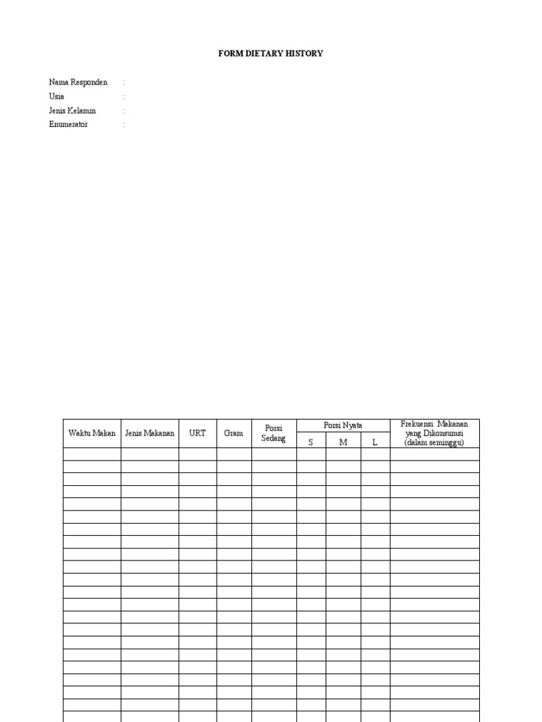 Form Dietary History | PDF