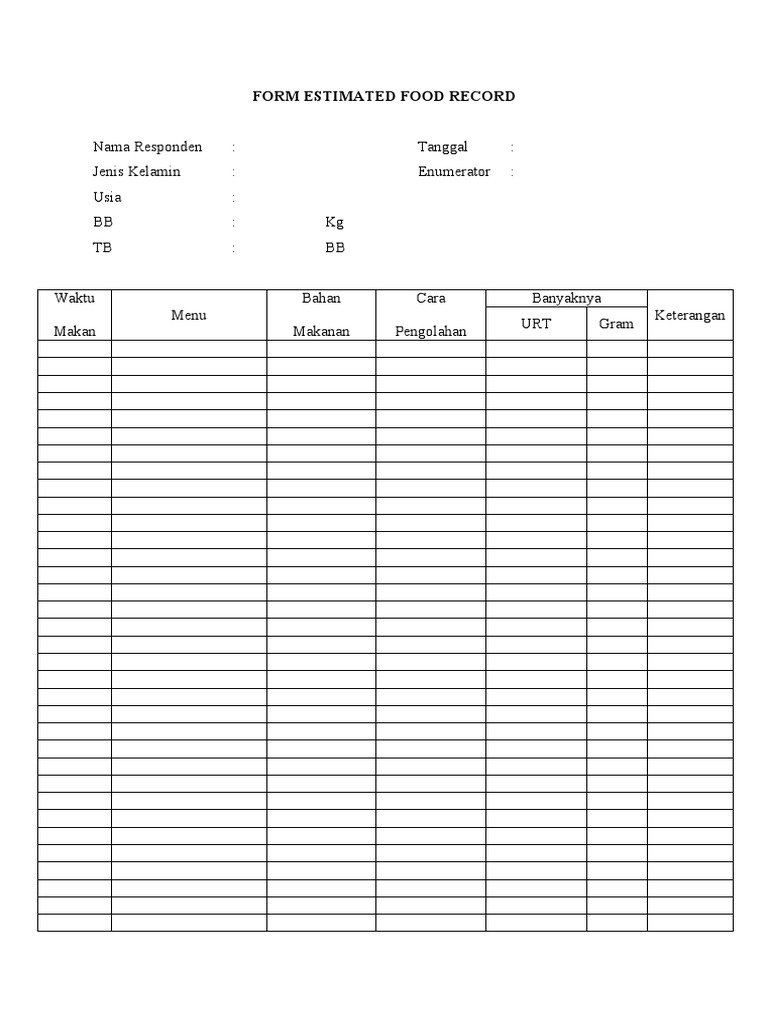 Form Estimated Food Record | PDF | Memasak, Makanan, & Anggur ...