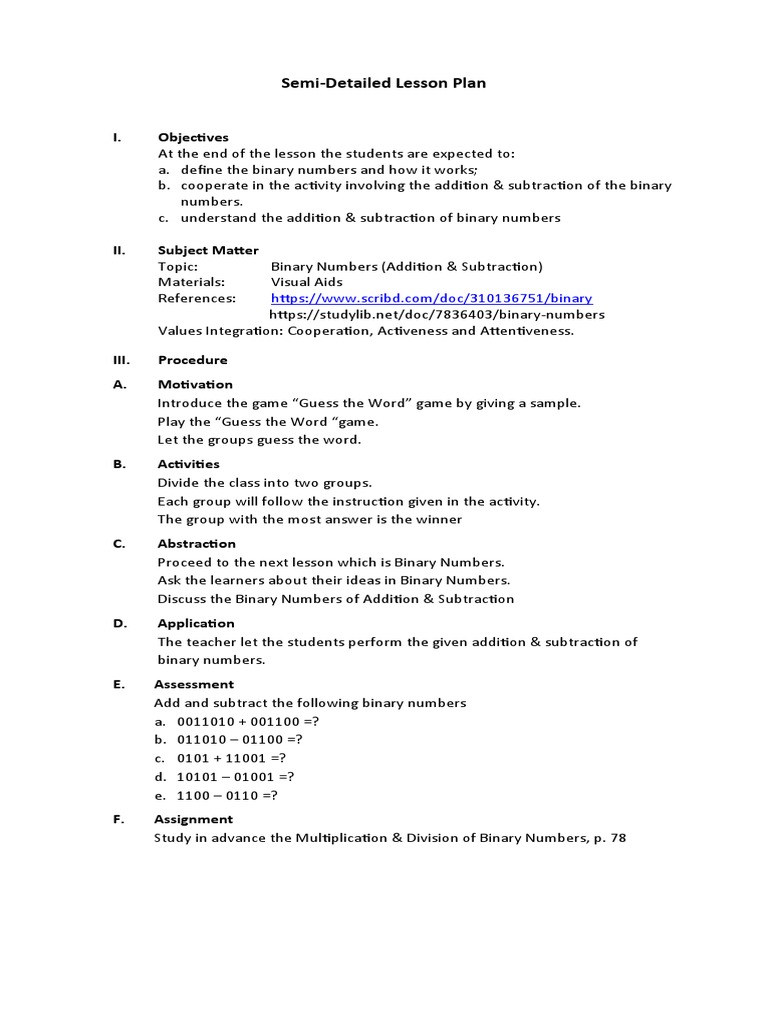 Semi Detailed Lesson Plan In Binary Numbers Pdf