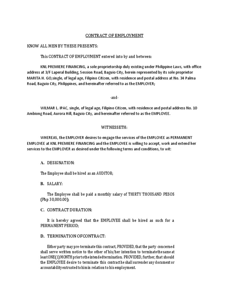 Contract of Employment | PDF | Sole Proprietorship | Employment