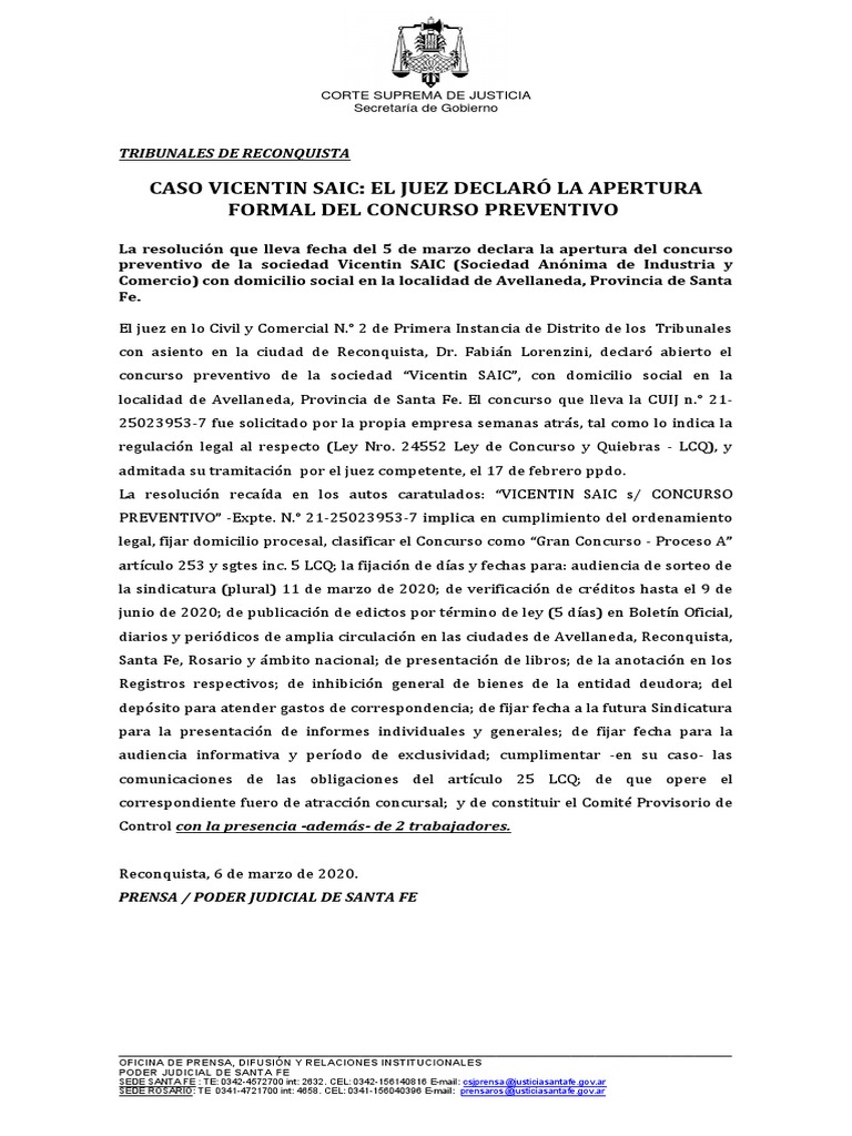 Vicentin Saic. Apertura Formal Concurso Preventivo | PDF | Bancarrota ...