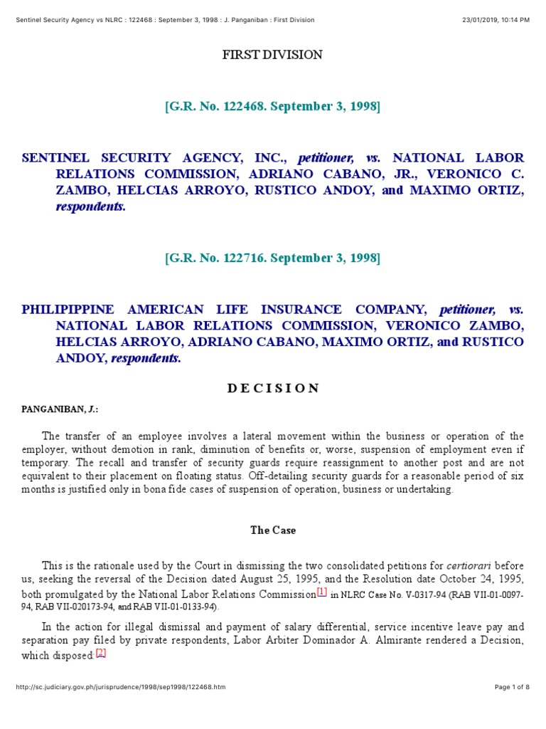 Sentinel Security Agency Vs NLRC - 122468 - September 3, 1998 - J ...