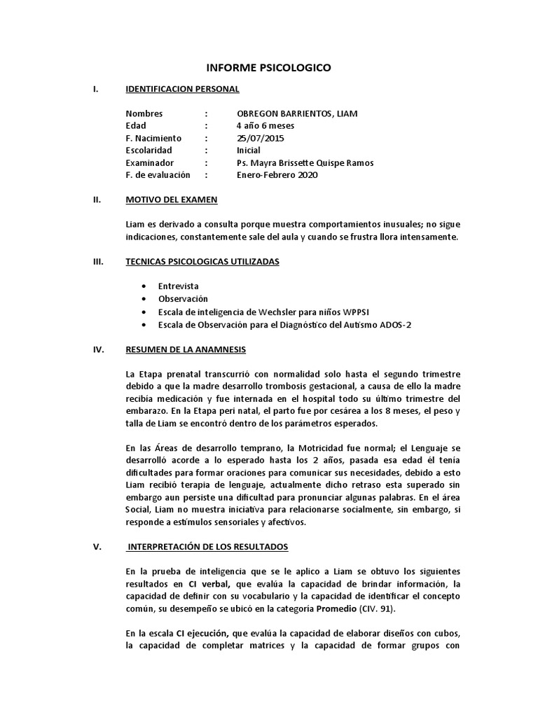 INFORME PSICOLOGICO Liam | PDF | Espectro autista | Cociente de ...