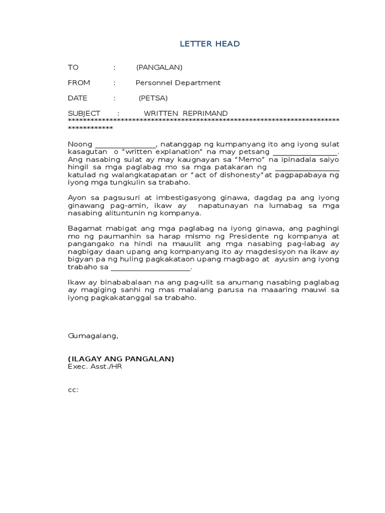 Written Reprimand in Tagalog | PDF