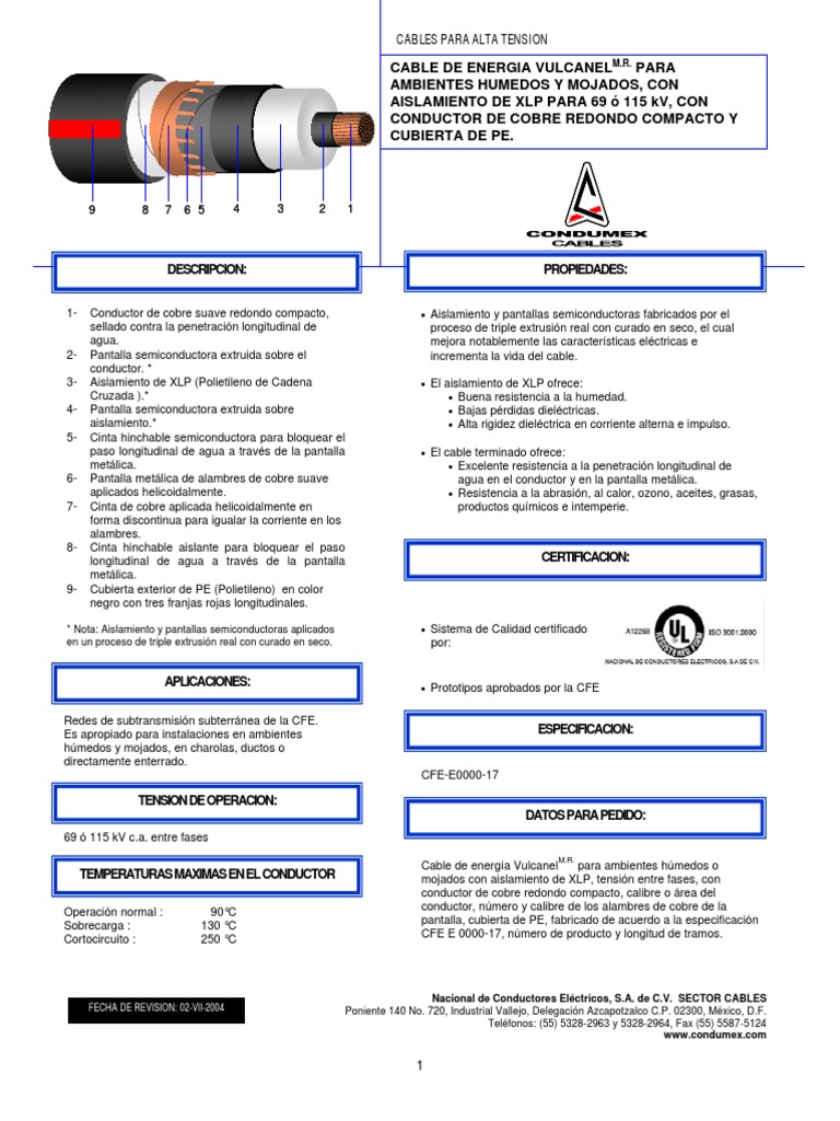 Condumex Cable XLP 69 - 115kV | PDF | Aislador (Electricidad) | Cobre