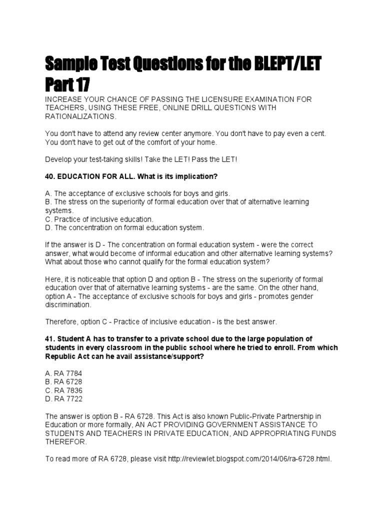 Sample Test Questions For The BLEPT | PDF | Teachers | Salary