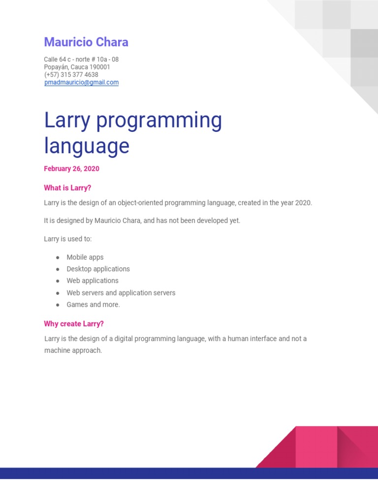 Larry Programming Language Design | PDF | Control Flow | Class (Computer Programming)
