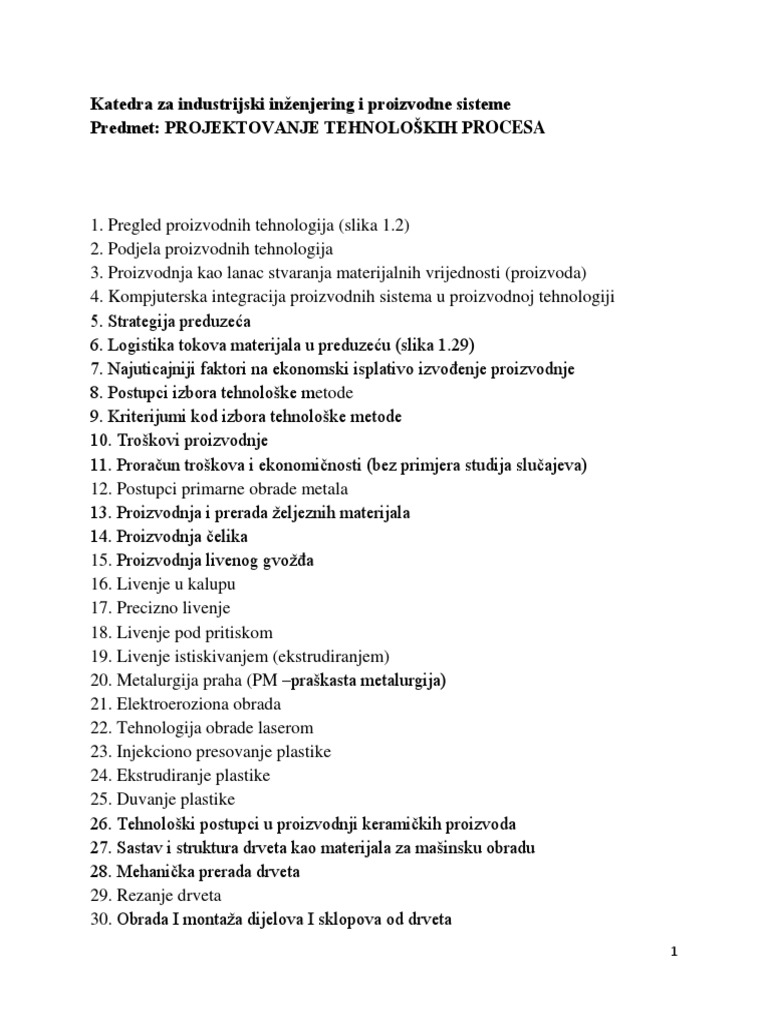 Projektovanje Tehnoloskih Procesa - Skripta - 2019 - 2020. | PDF
