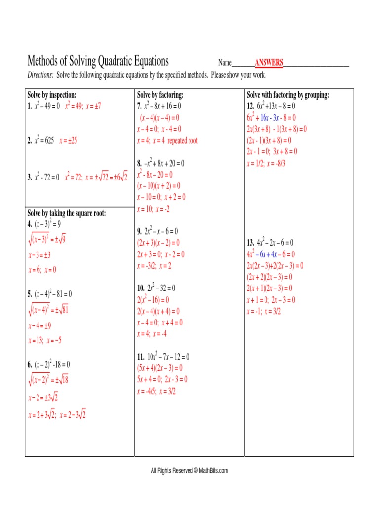 Methods of Solving Quadratic Equations ANSWERS | PDF | Algorithms ...