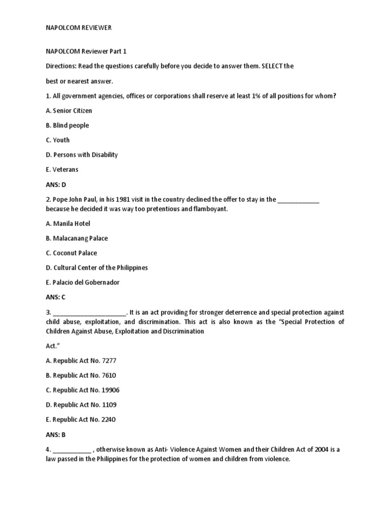 NAPOLCOM Reviewer with Answer Key | PDF | President Of The Philippines ...
