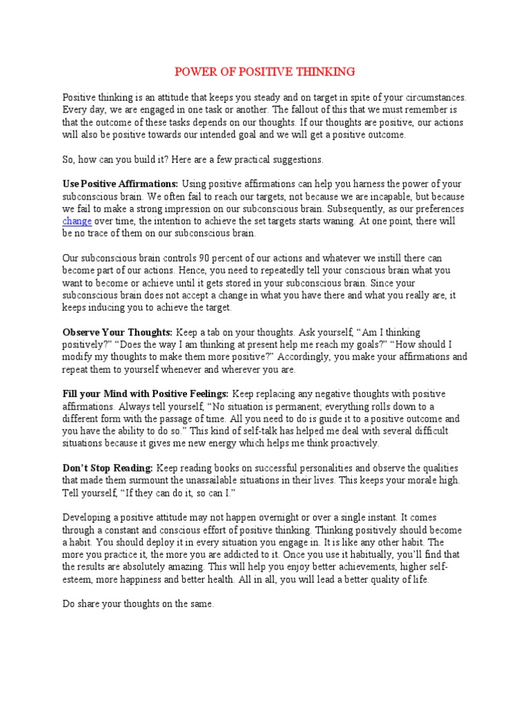 Power of Positive Thinking | PDF | Thought | Optimism