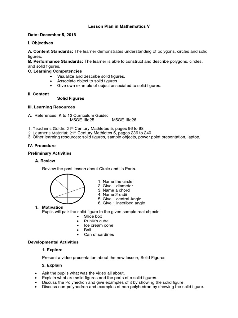 Lesson Plan in Math Solid Figures | PDF | Geometric Shapes | Euclidean ...