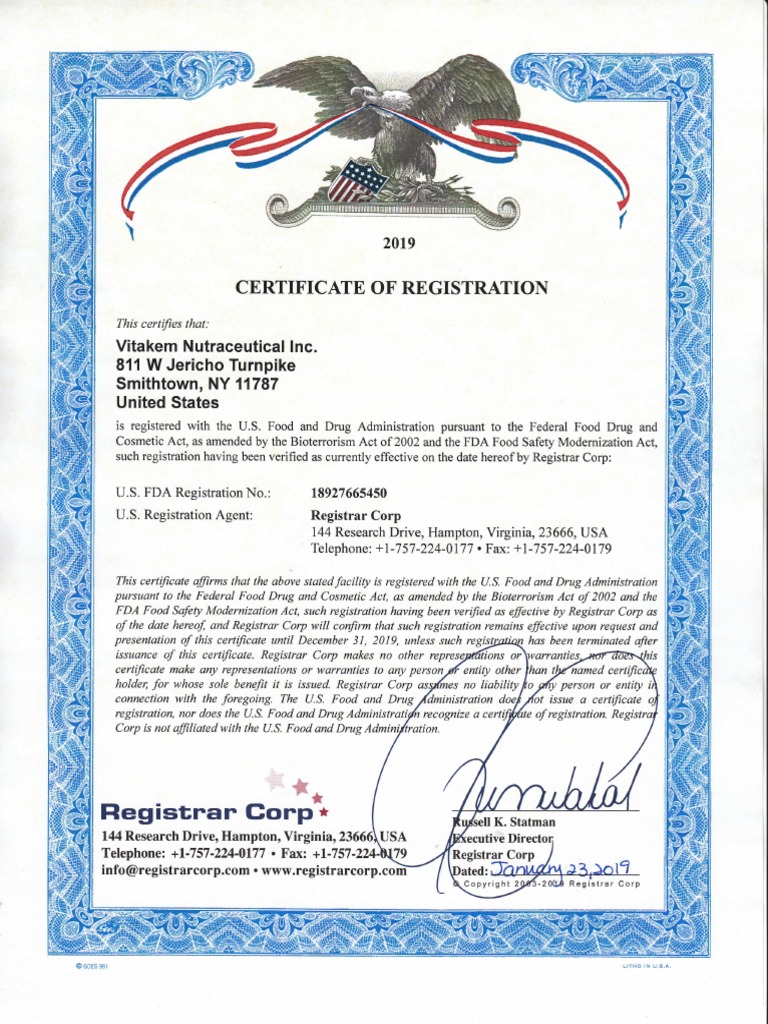 FDA Cert 2019 | PDF | Food And Drug Administration | Pharmaceutical ...