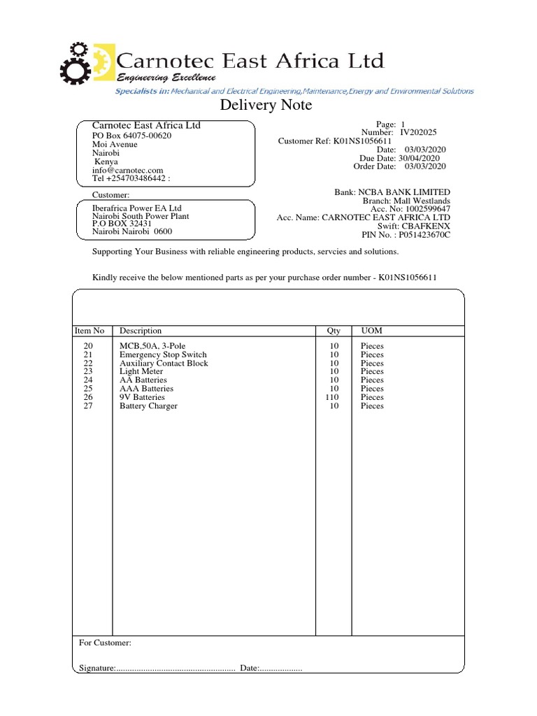 Delivery of Various Electrical Components to Iberafrica Power EA Ltd ...