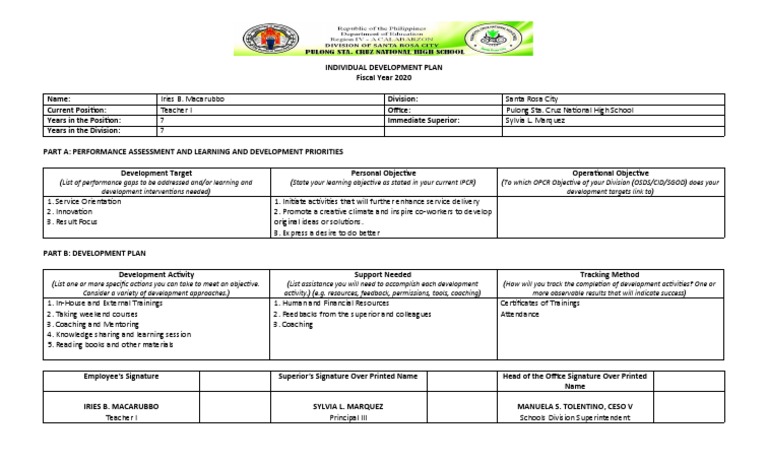 Sample Individual Development Plan FY 2020 | Download Free PDF ...