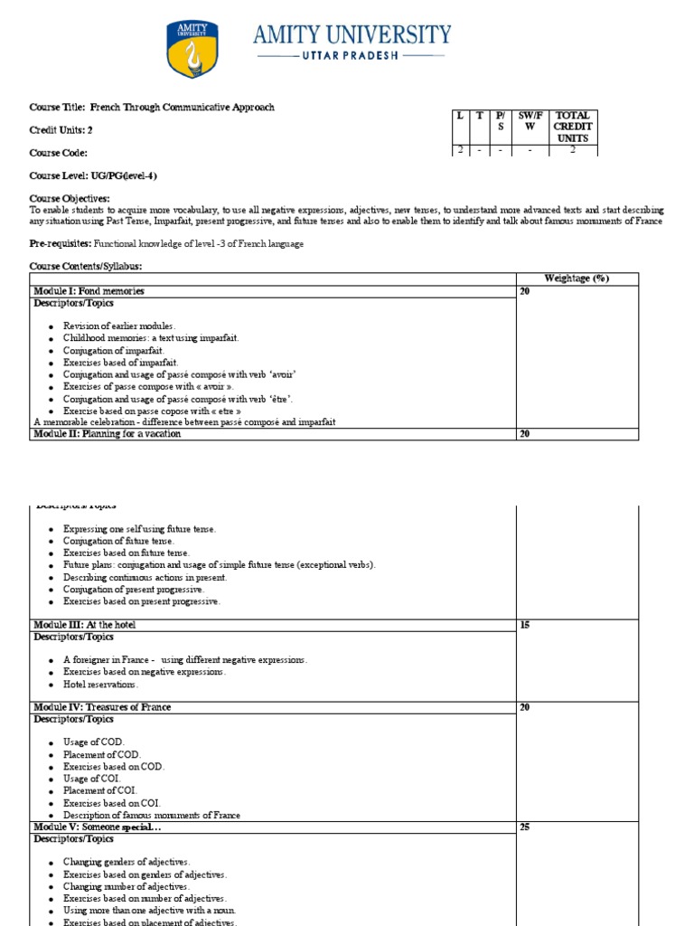 French Syllabus | PDF | Grammatical Tense | Grammatical Conjugation