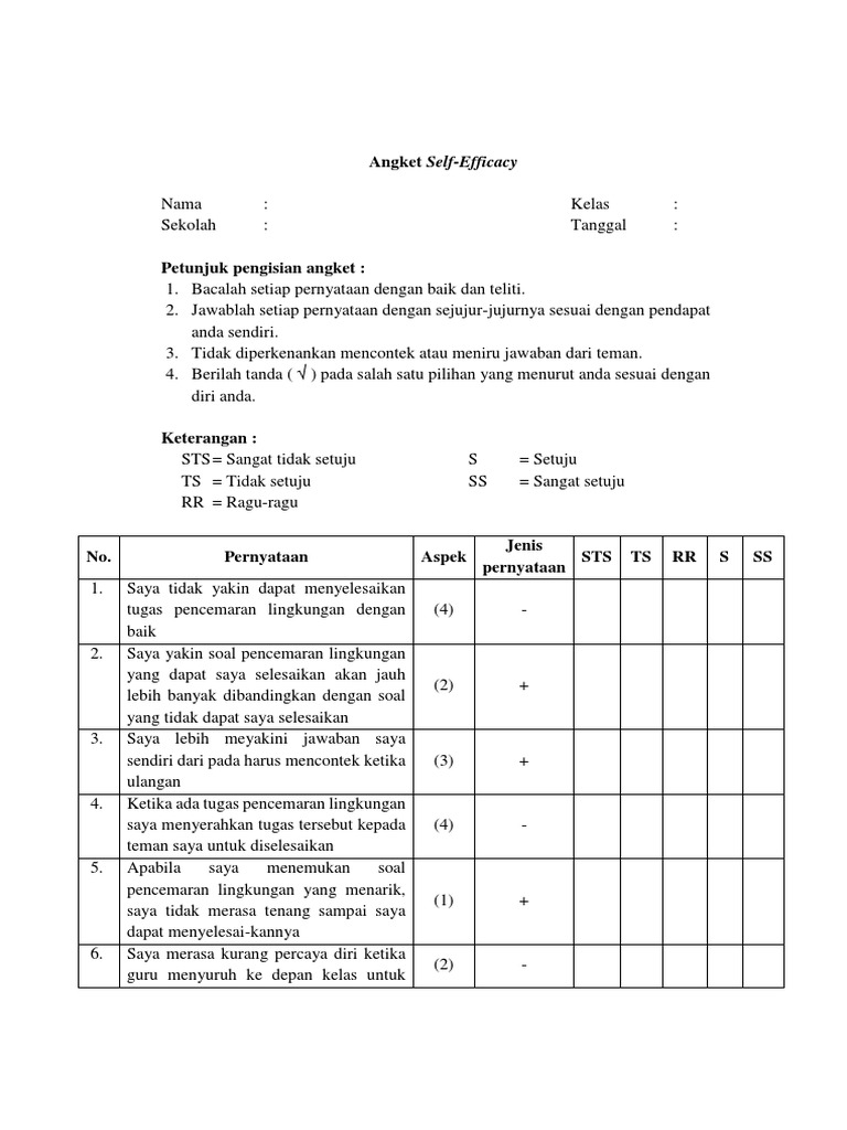 Angket Self-Efficacy (Pencemaran Lingkungan) | PDF | Seni & Disiplin Bahasa