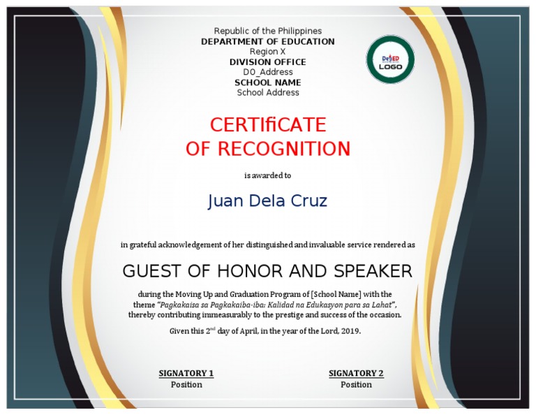 A Certificate of Recognition for Distinguished Service as Guest of ...