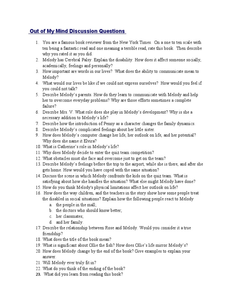 Out of My Mind Discussion Questions | PDF | Disability | Mind