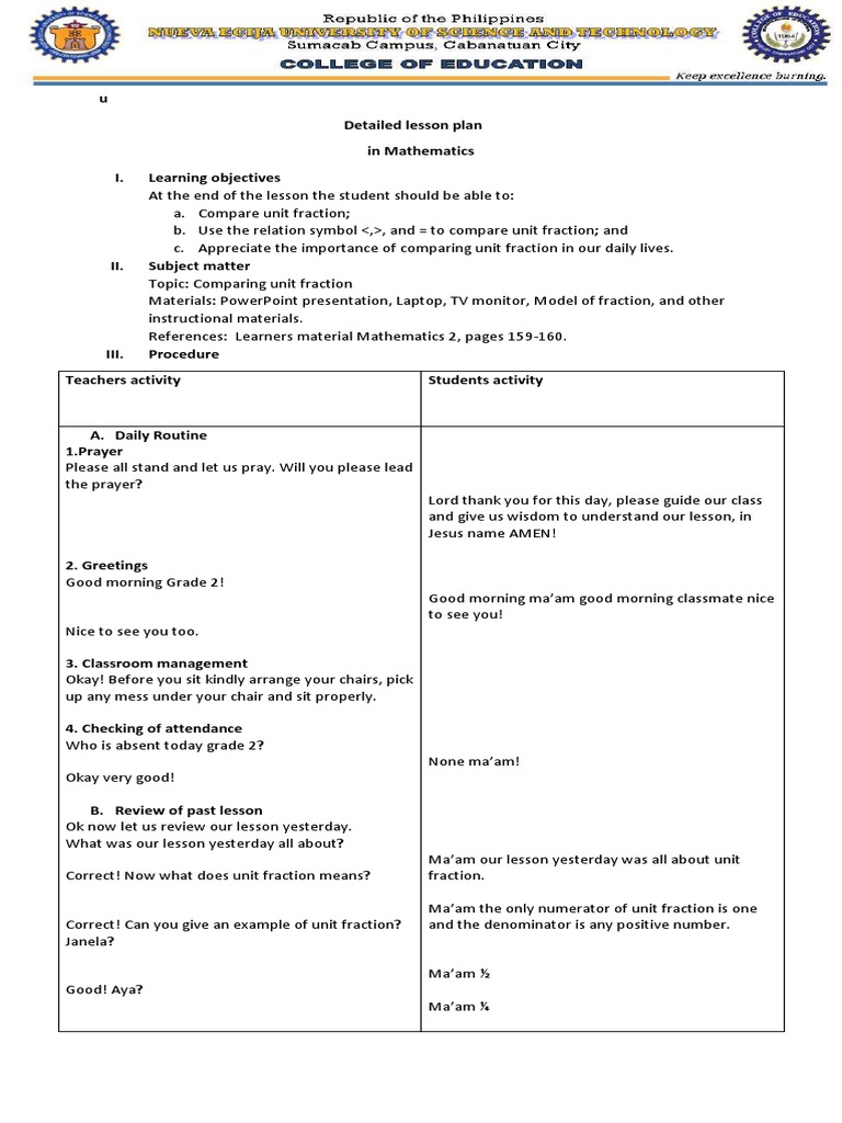 Detailed Lesson Plan in Mathematics 2 | PDF | Fraction (Mathematics ...
