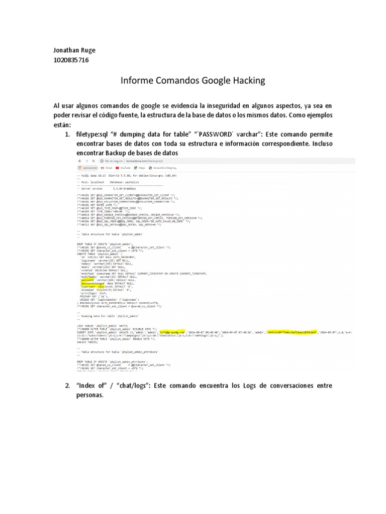 Comandos de Google Hacking para encontrar vulnerabilidades de seguridad en sitios web | PDF