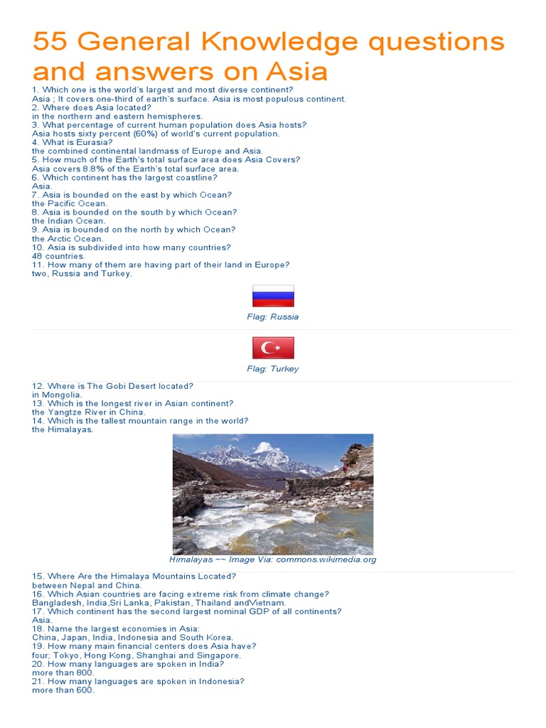 55 General Knowledge Questions and Answers On Asia | PDF | Asia | South ...