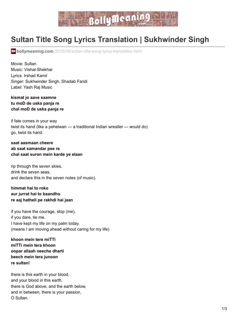 Sultan Title Song Lyrics Translation Sukhwinder Singh PDF | PDF | Art ...