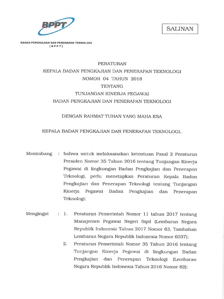 SALINAN Peraturan Kepala BPPT No 04 Tahun 2018 Tunjangan Kinerja Pegawai BPPT | PDF