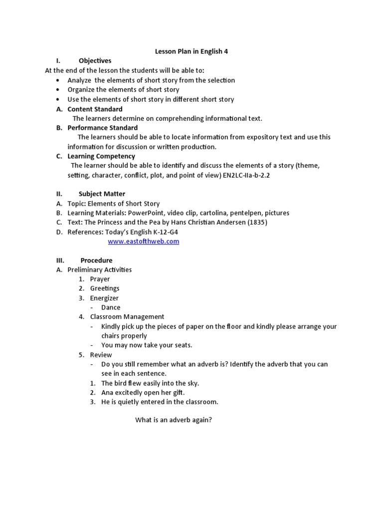 Grade 4 Short Story Elements Lesson Plan | PDF | Lesson Plan | Bed