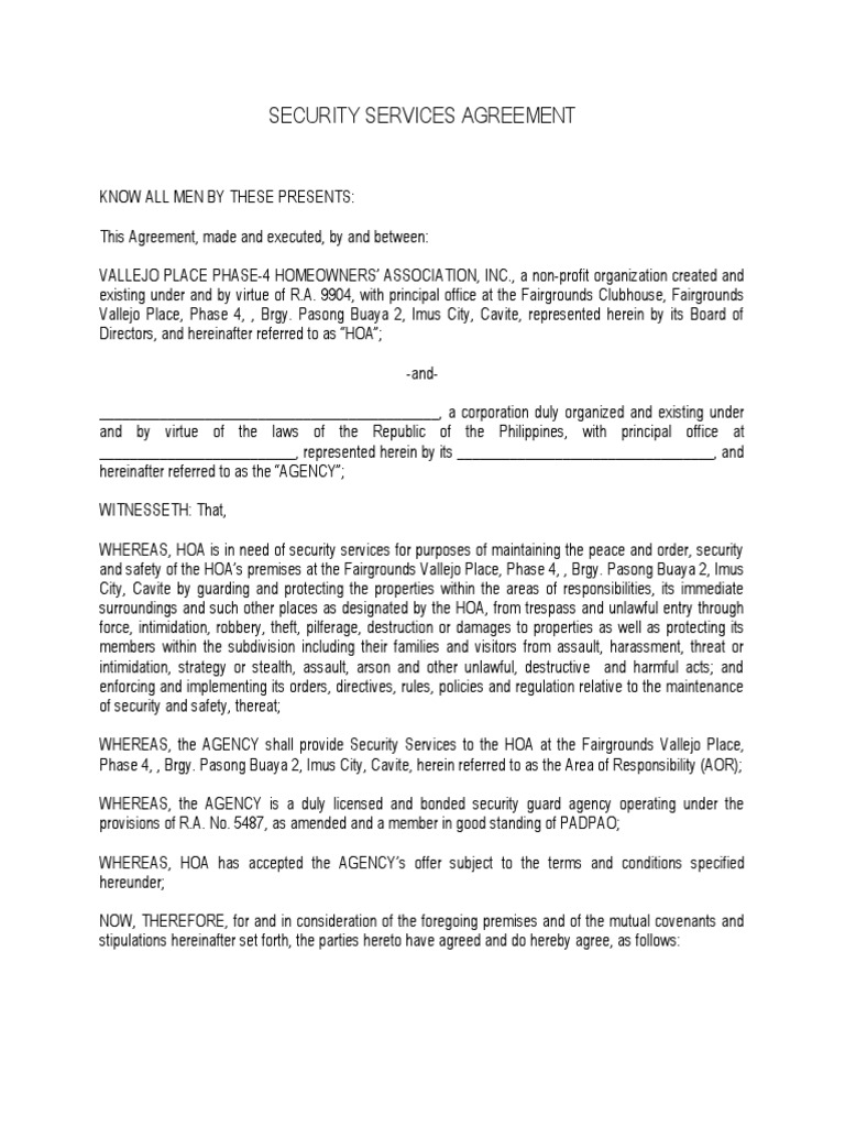 Draft SECURITY SERVICES AGREEMENT | PDF | Security Guard | Guarantee